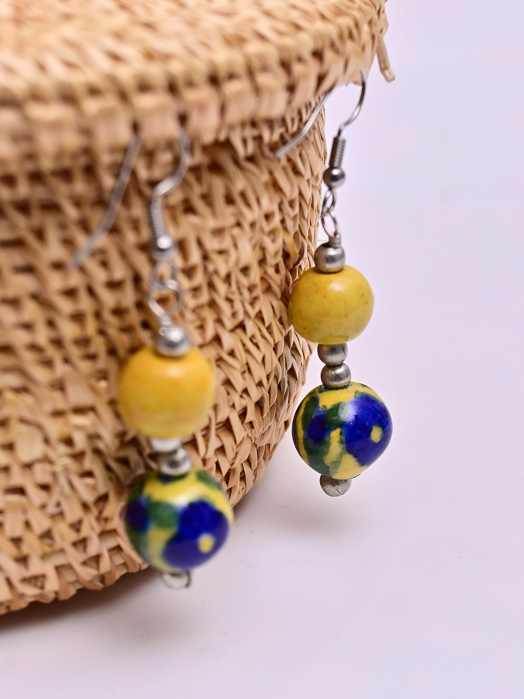 Handmade Single Bead Blue Pottery Earrings (Green & Yellow) – KNOBCO