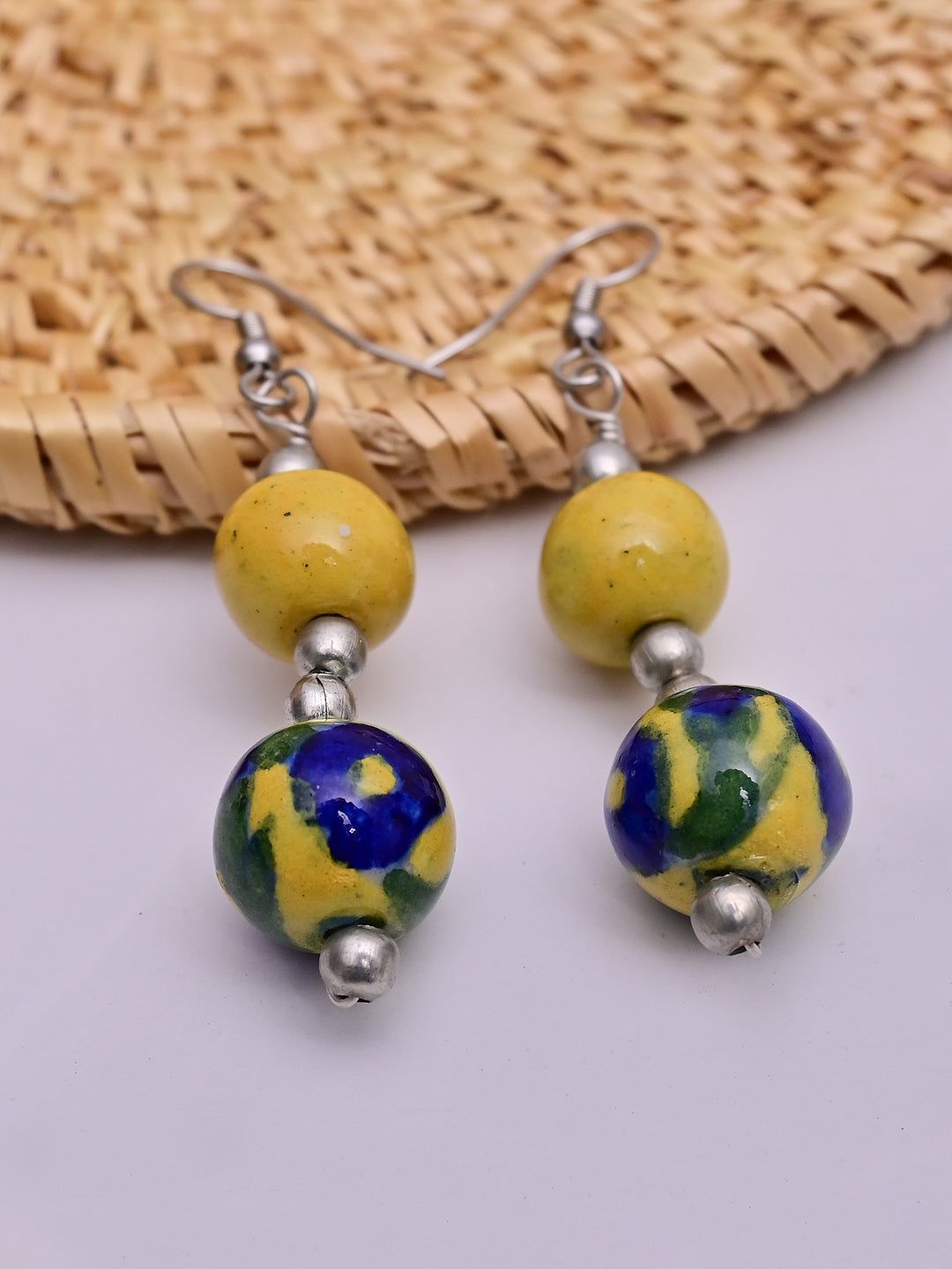 Handmade Single Bead Blue Pottery Earrings (Green & Yellow) – KNOBCO