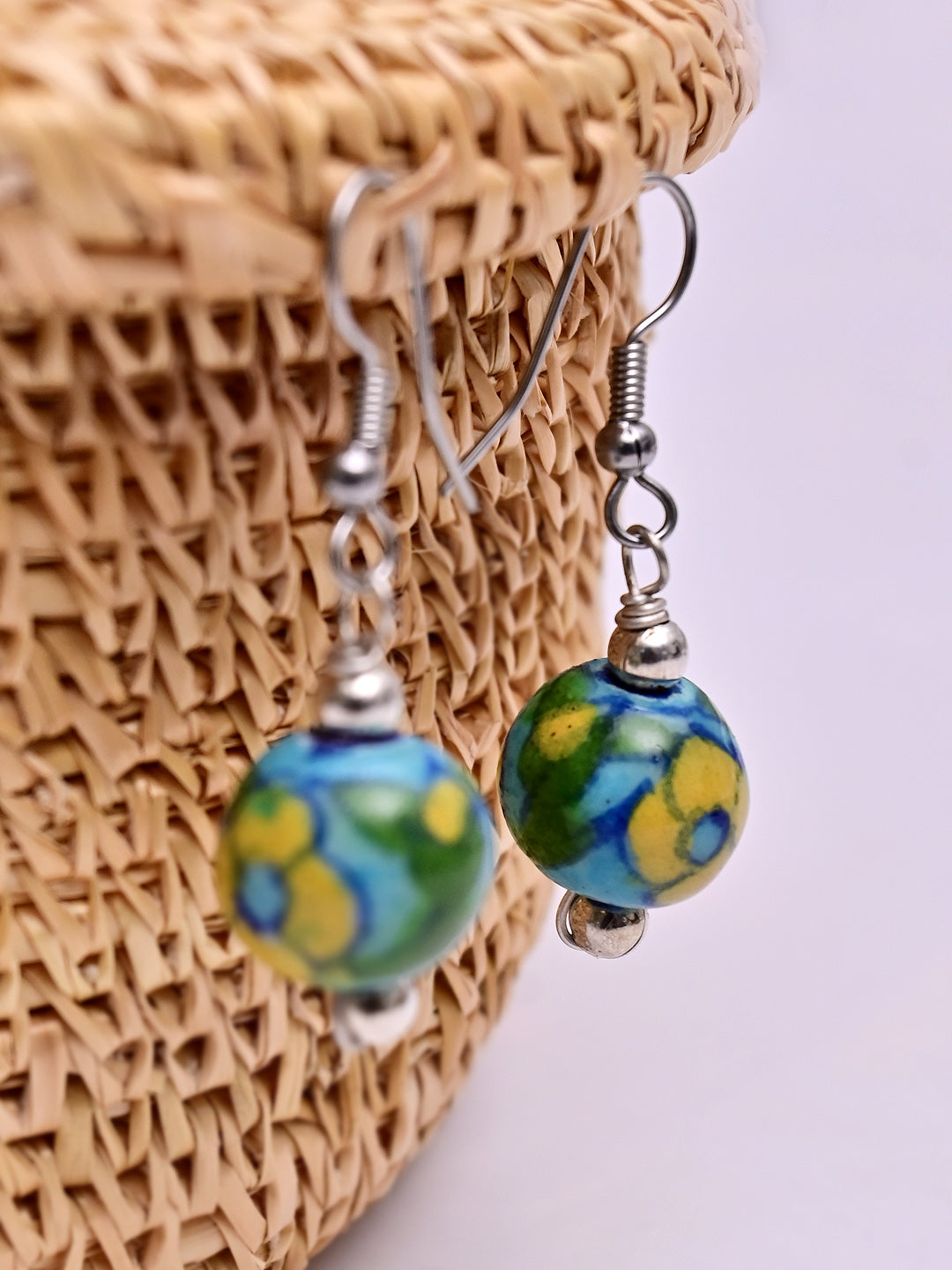 Handmade Single Bead Blue Pottery Earrings (Green) – KNOBCO